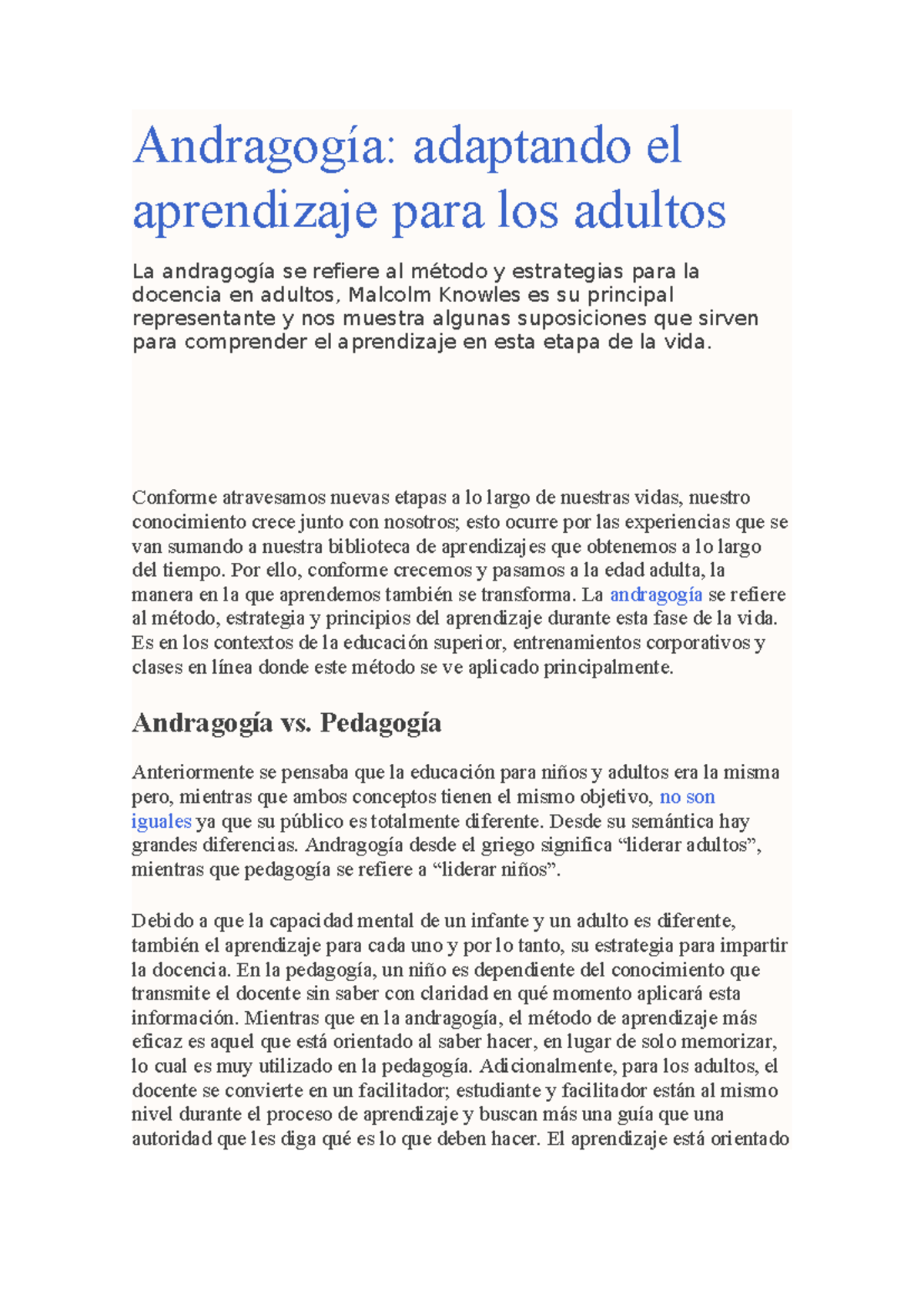 Adaptando el aprendizaje para los adultos - Andragogía: adaptando el ...