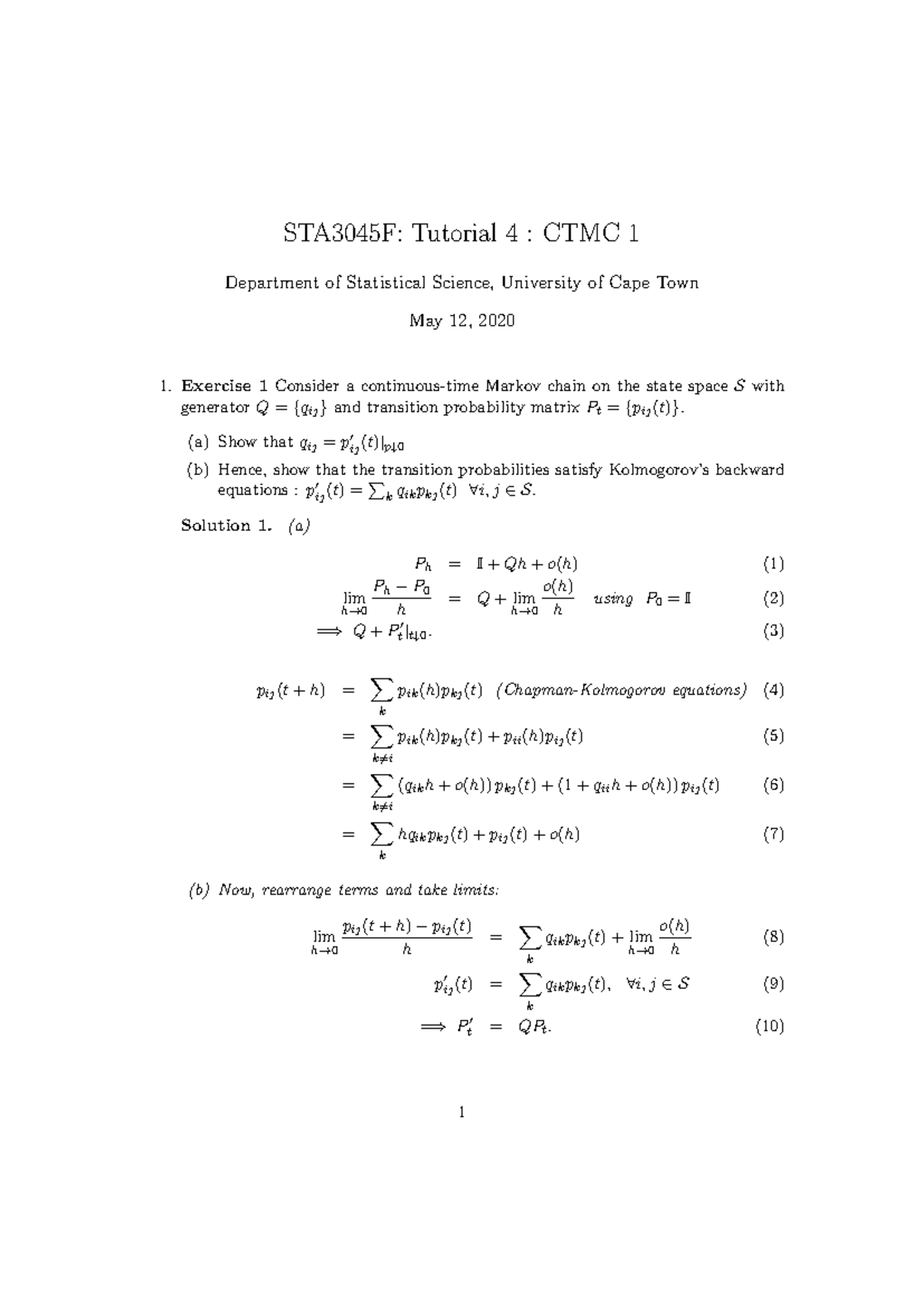 STA3045F: Tutorial 4 Solutions on Continuous-Time Markov Chains - Studocu