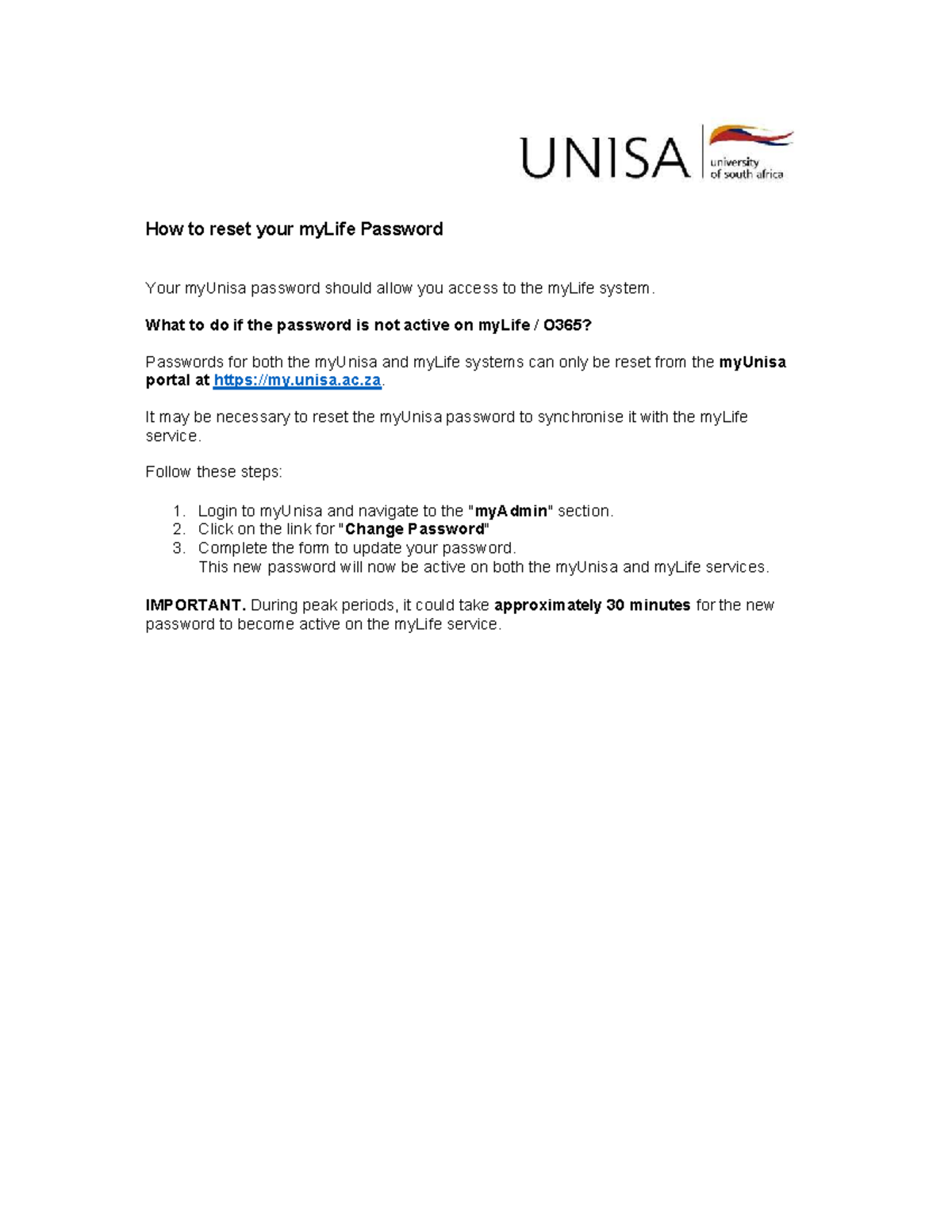 Resetting Your myLife Password via myUnisa Portal - Studocu