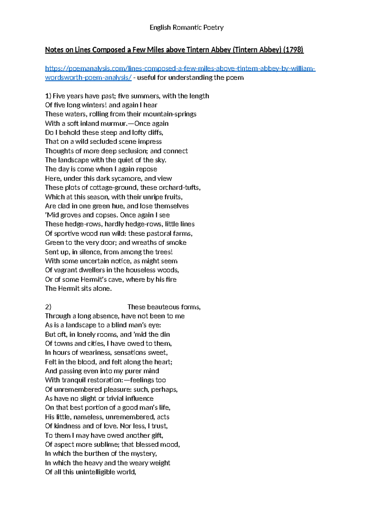 Final Exam Notes on Wordsworth's "Lines Composed a Few Miles above ...