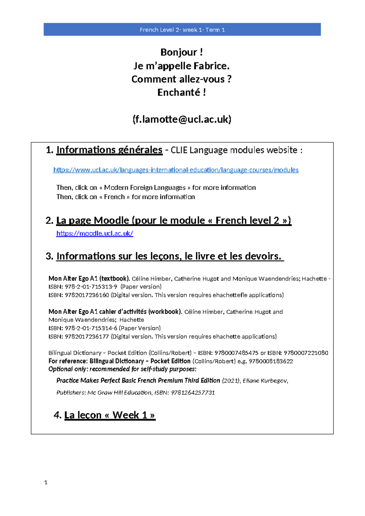 French Level 2 - Week 1 Lesson Plan - Term 1 - Studocu