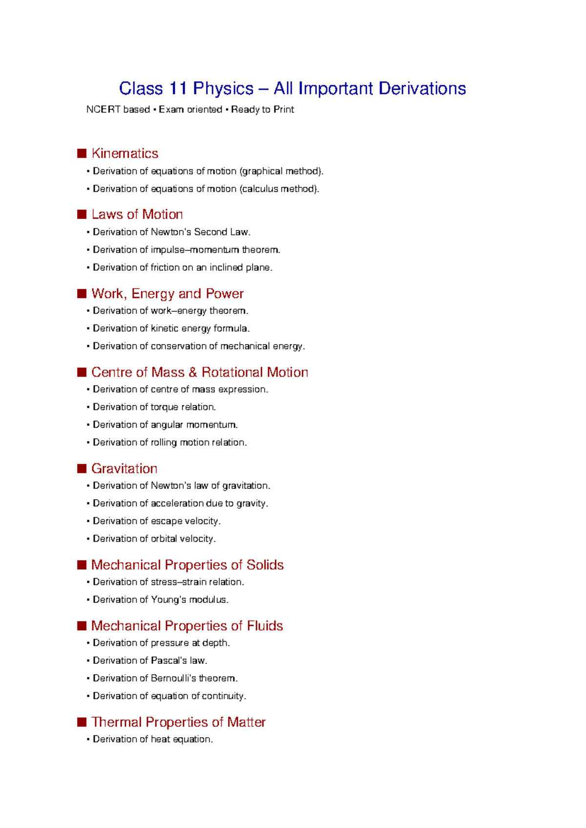 Class 11 Physics All Important Derivations for Exam Prep - Studocu