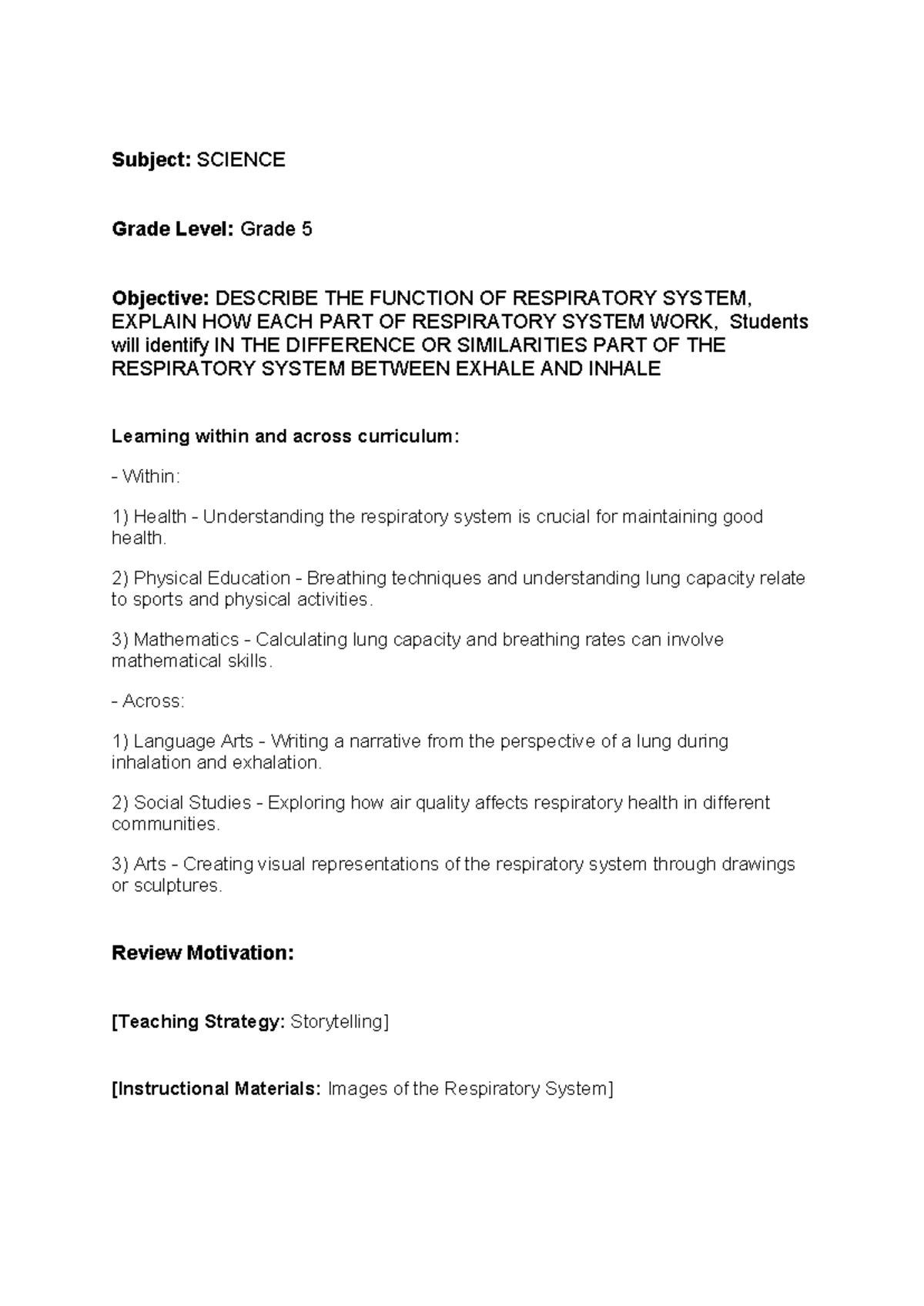 Grade 5 Science Lesson Plan on the Respiratory System Functions - Studocu