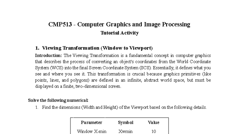 CMP513 Computer Graphics: Viewing Transformation Tutorial Activity 1 - Studocu