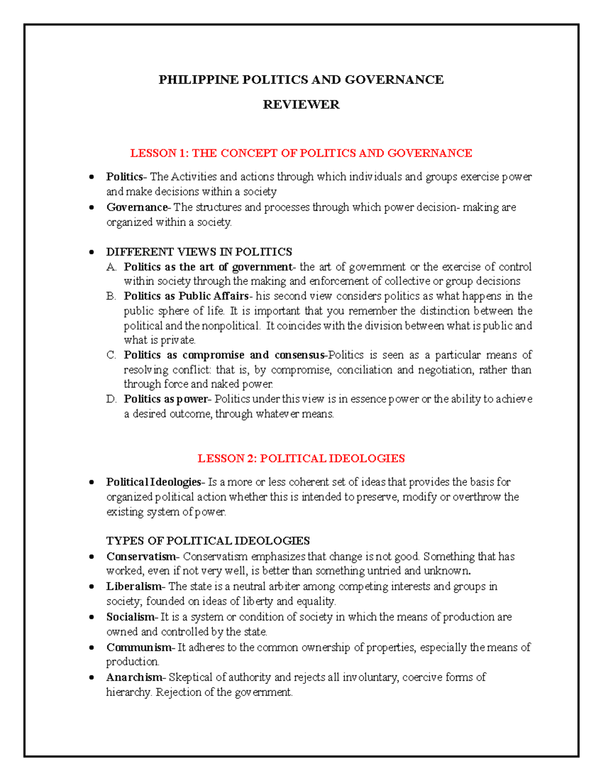 Polgov Reviewer - Politics and Governance - PHILIPPINE POLITICS AND ...