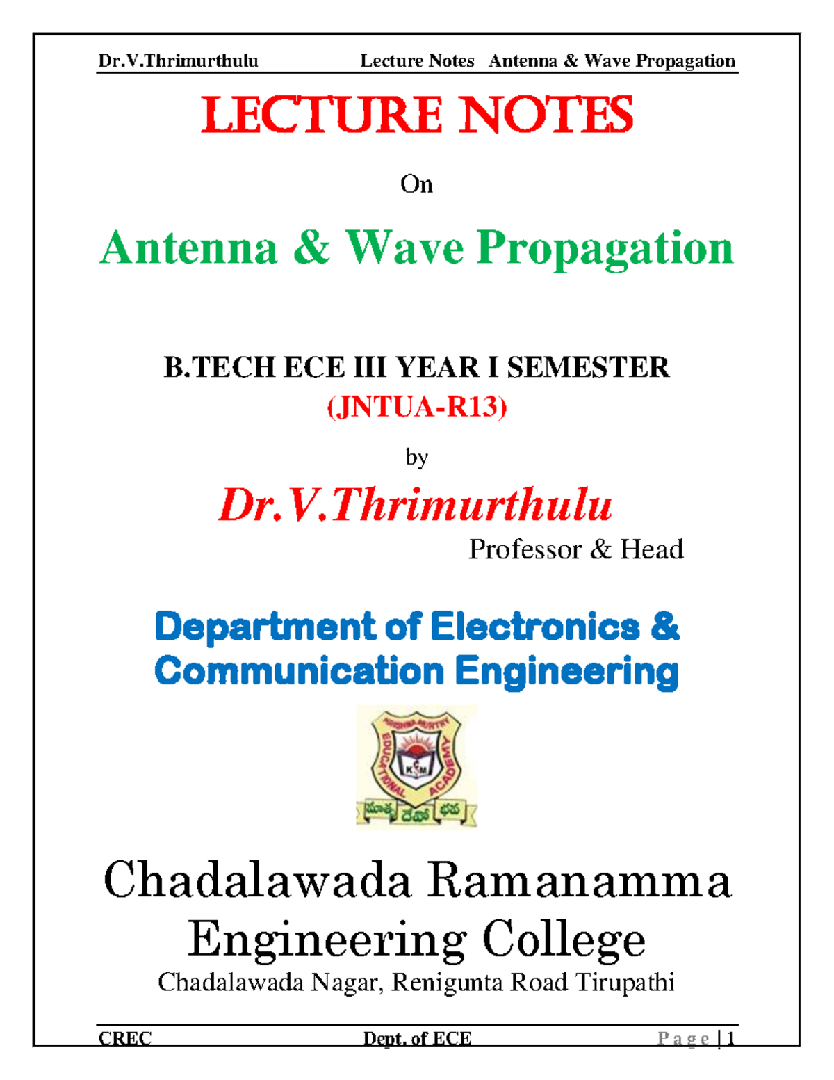 Awp Lecture Notes Final Lecture Notes On Antenna And Wave Propagation B Ece Iii Year I Semester