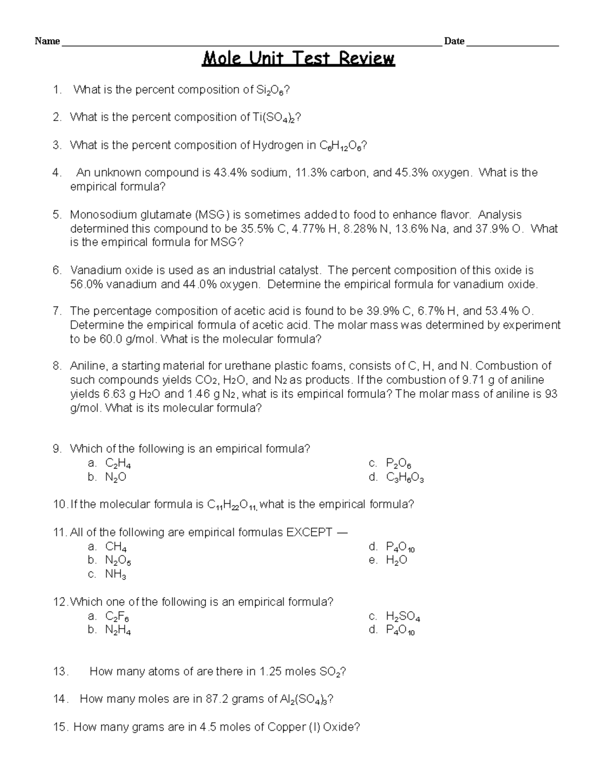 Mole Unit Test Review Questions and Empirical Formulas Guide - Studocu