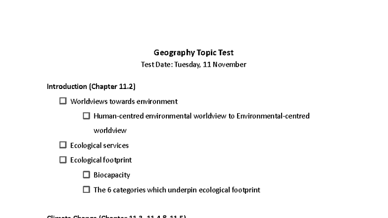 Geography Revision Sheet for Test: Human Wellbeing & Climate Change ...