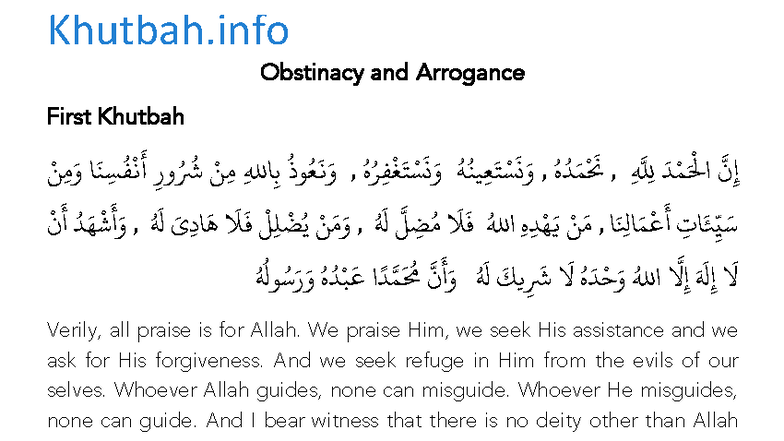 Khutbah: Obstinacy and Arrogance - A Reflection on Human Nature - Studocu