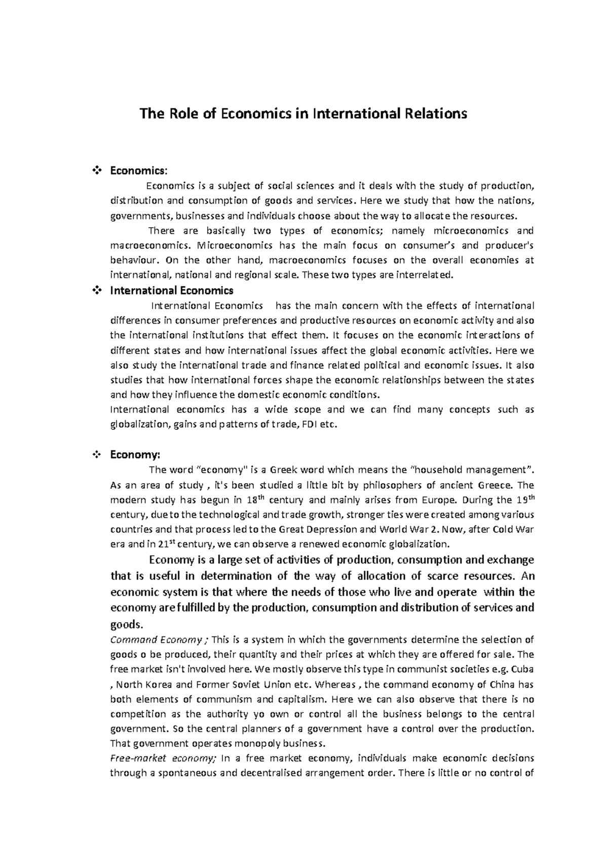 The Impact of Economy on International Relations Dynamics - Studocu