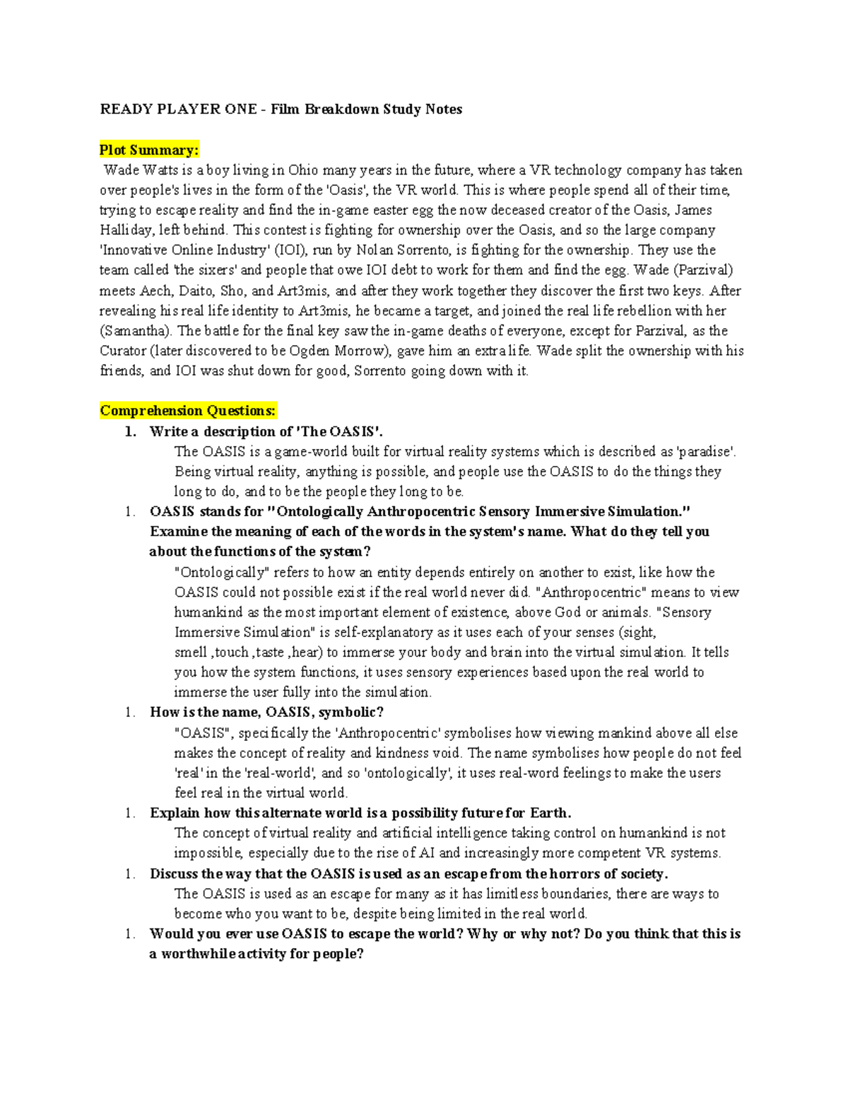 READY PLAYER ONE: Comprehensive Film Analysis Study Notes - Studocu