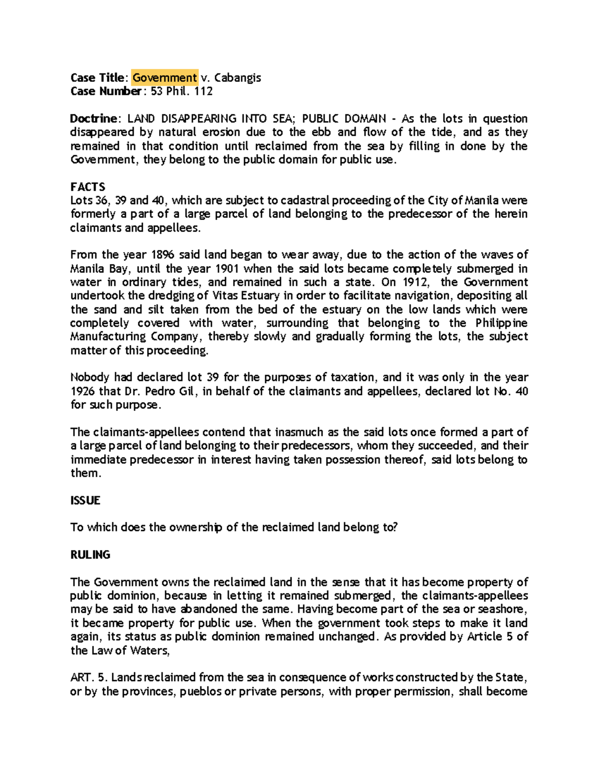 Case Analysis: Government v. Cabangis, 53 Phil. 112 - Land Dispute ...