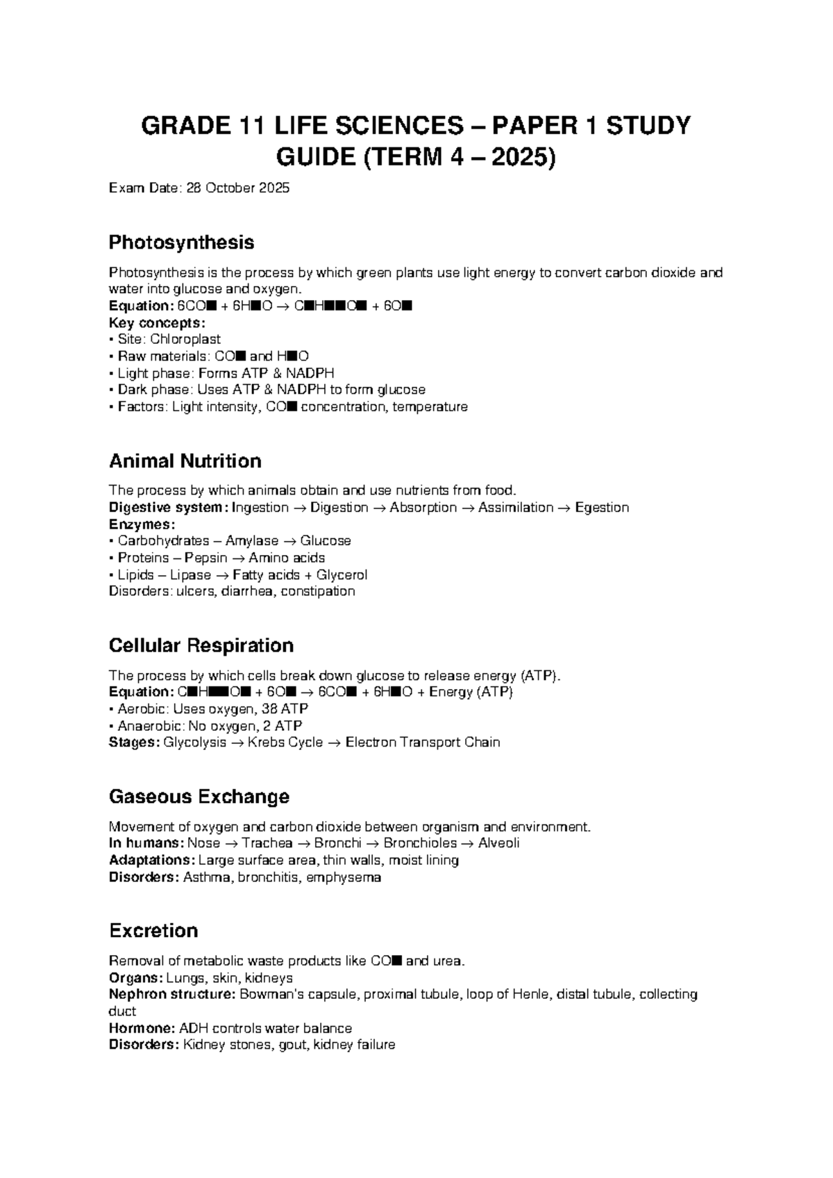 Grade 11 Life Sciences Paper 1 Study Guide (Term 4 2025) - Studocu