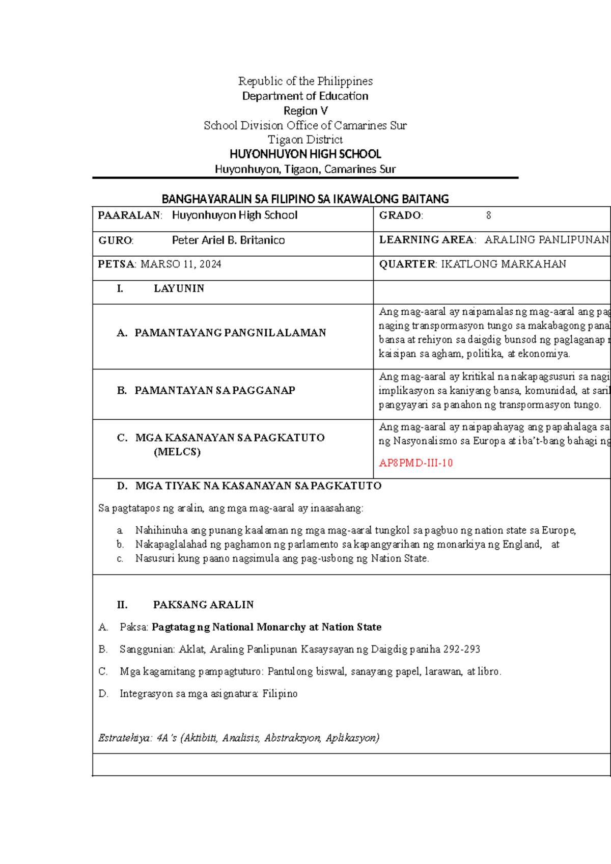 Grade 8 - Pagtatatag NG National Monarchy - Republic of the Philippines ...