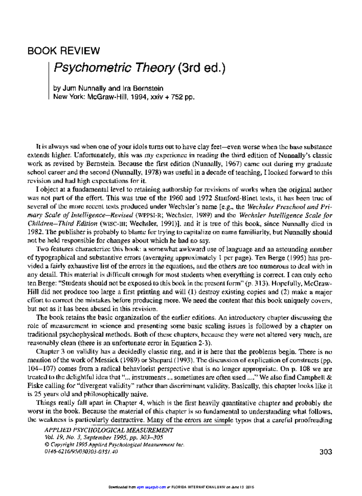 Psychometric Theory - dss - 303 BOOK REVIEW Psychometric Theory (3rd ed ...