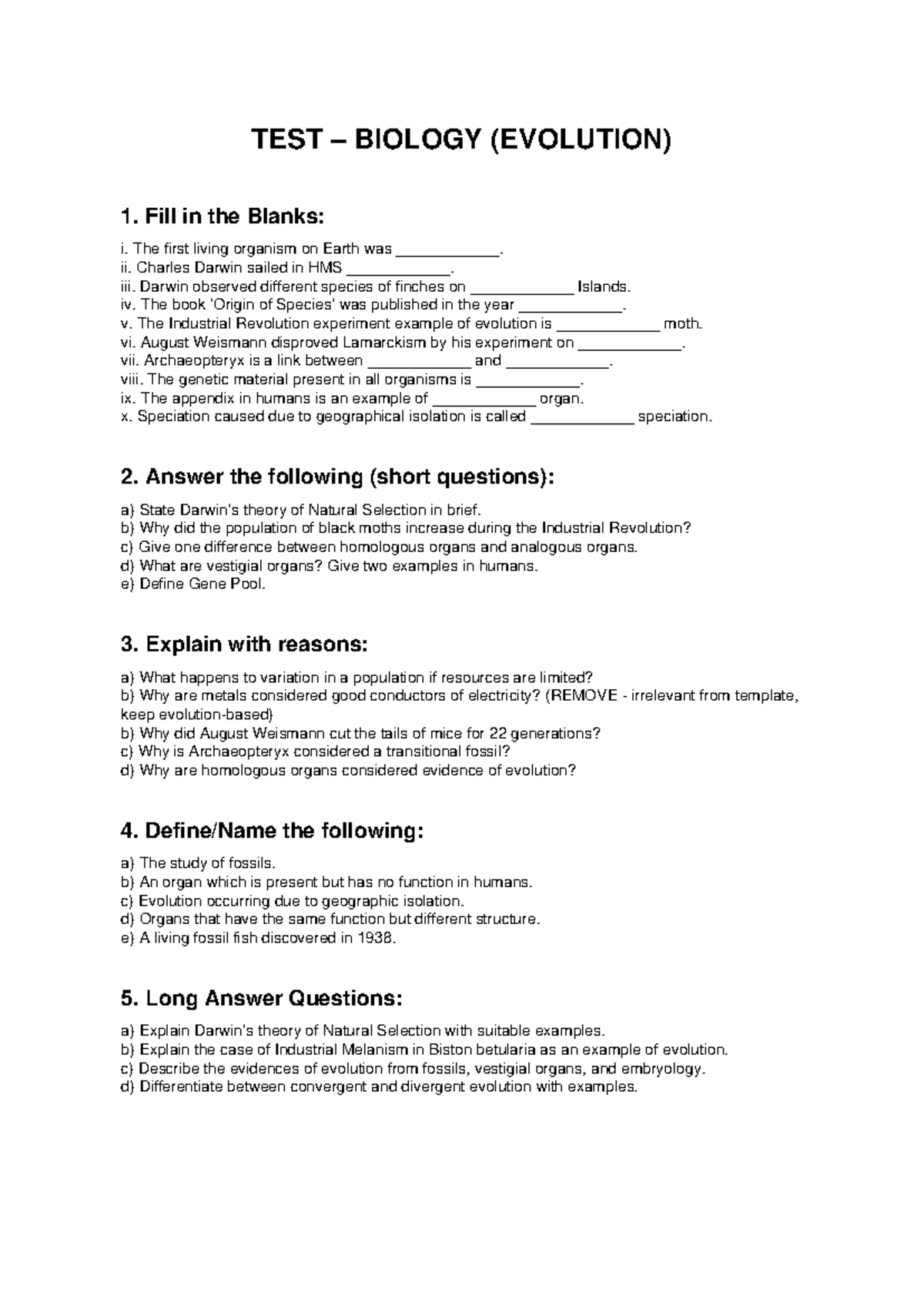 Biology Test (EVOLUTION) - Fill in the Blanks & Short Answers - Studocu