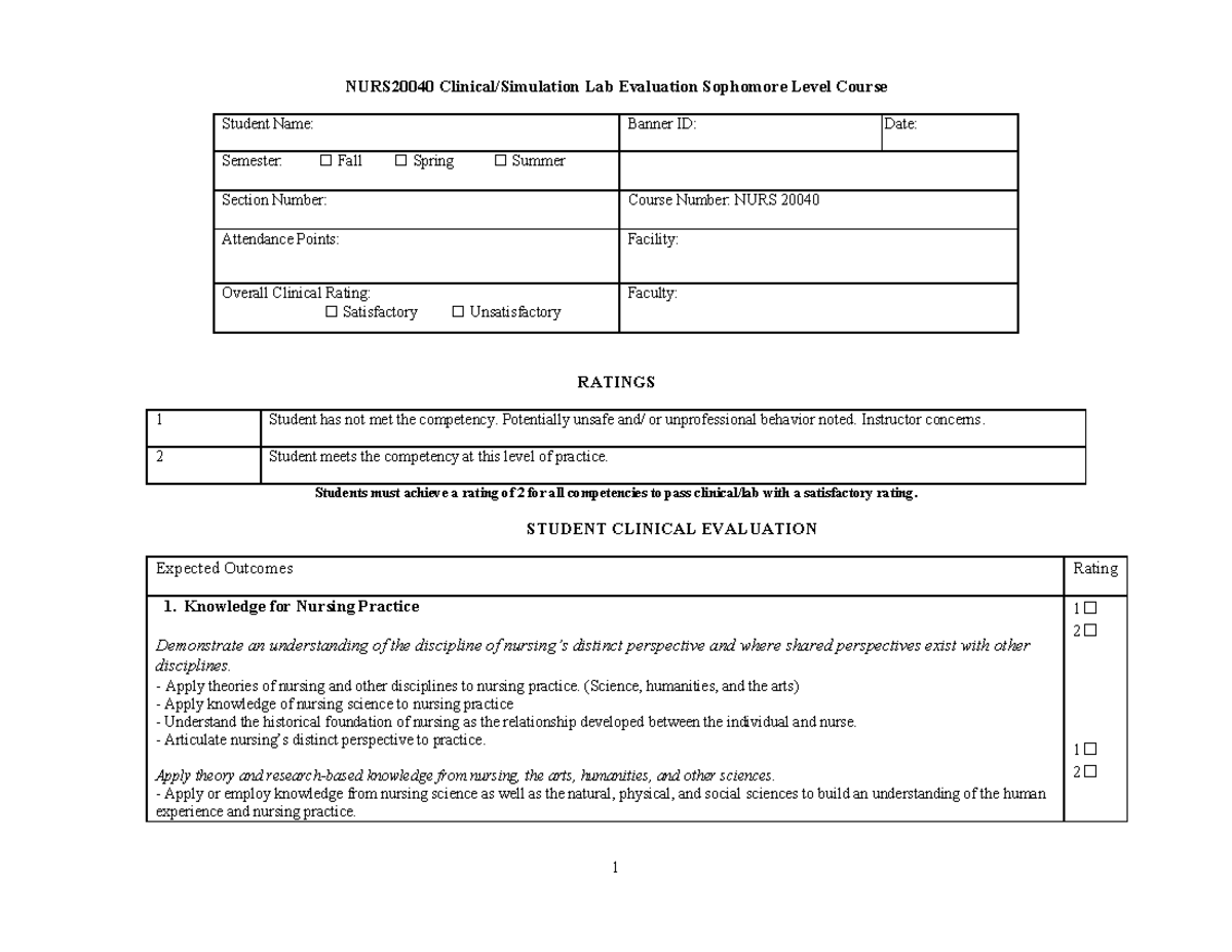 Clinical Eval Template - NURS200 40 Clinical/Simulation Lab Evaluation ...