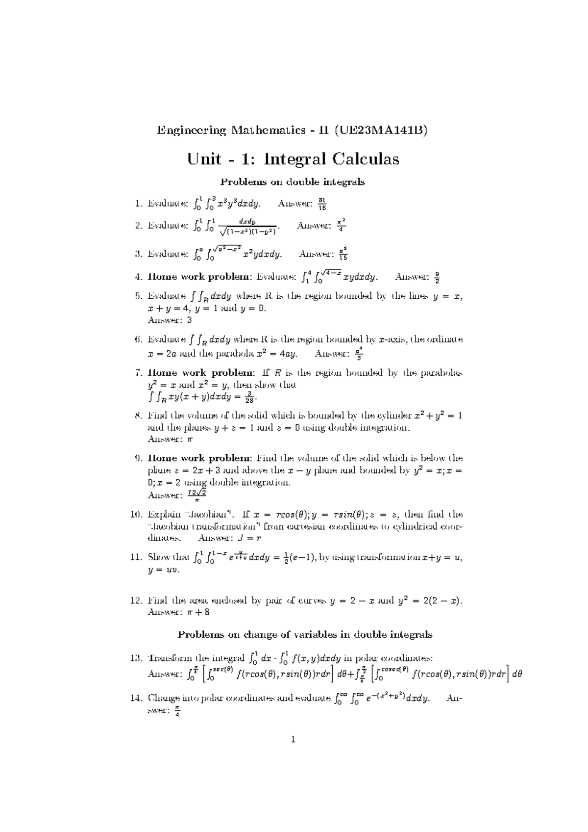 Engineering Mathematics II (UE23MA141B) Unit 1: Double Integrals Class ...