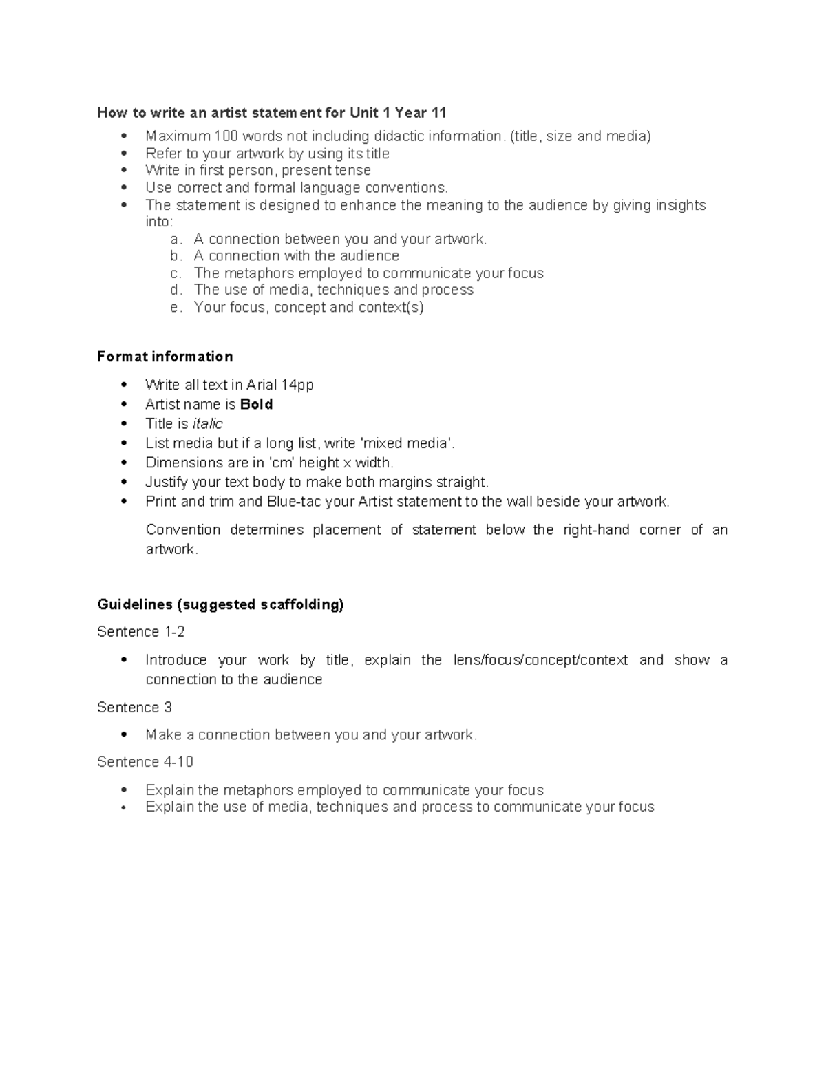 Artist Statement Guidelines for Unit 1 - Year 11 Writing Tips - Studocu