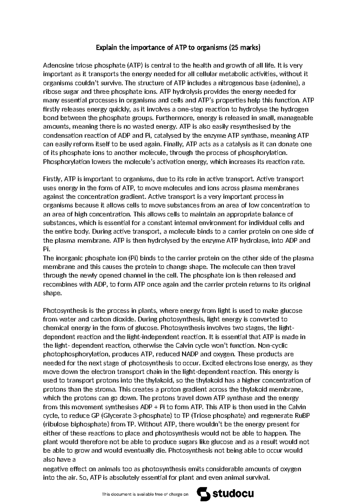 Atp Importance Essay for Organisms: Growth and Energy Transport - Studocu