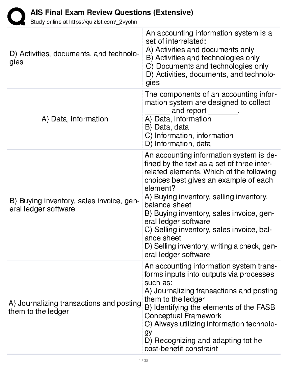 AIS Final Exam Review Questions: Comprehensive Study Guide - Studocu