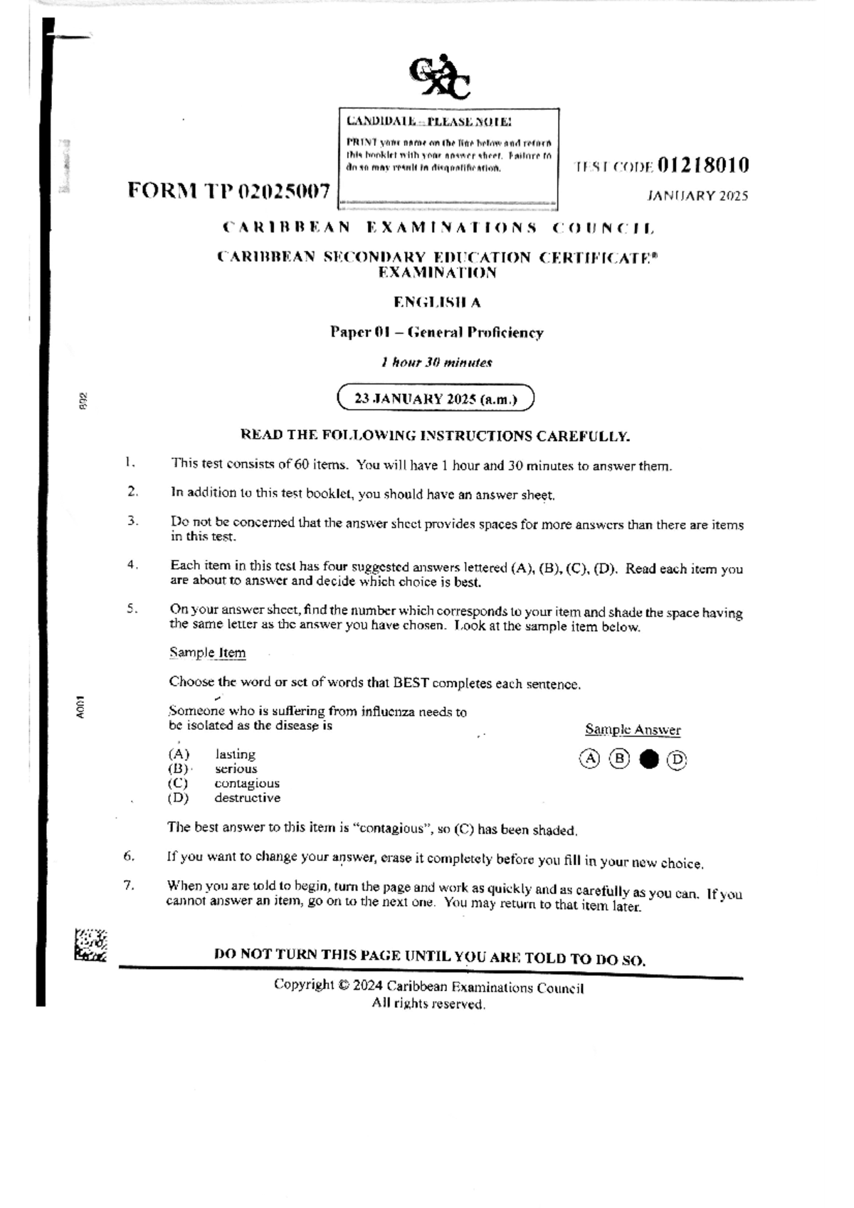 CSEC ENGLISH A Paper 01 General Proficiency Test Instructions - January ...