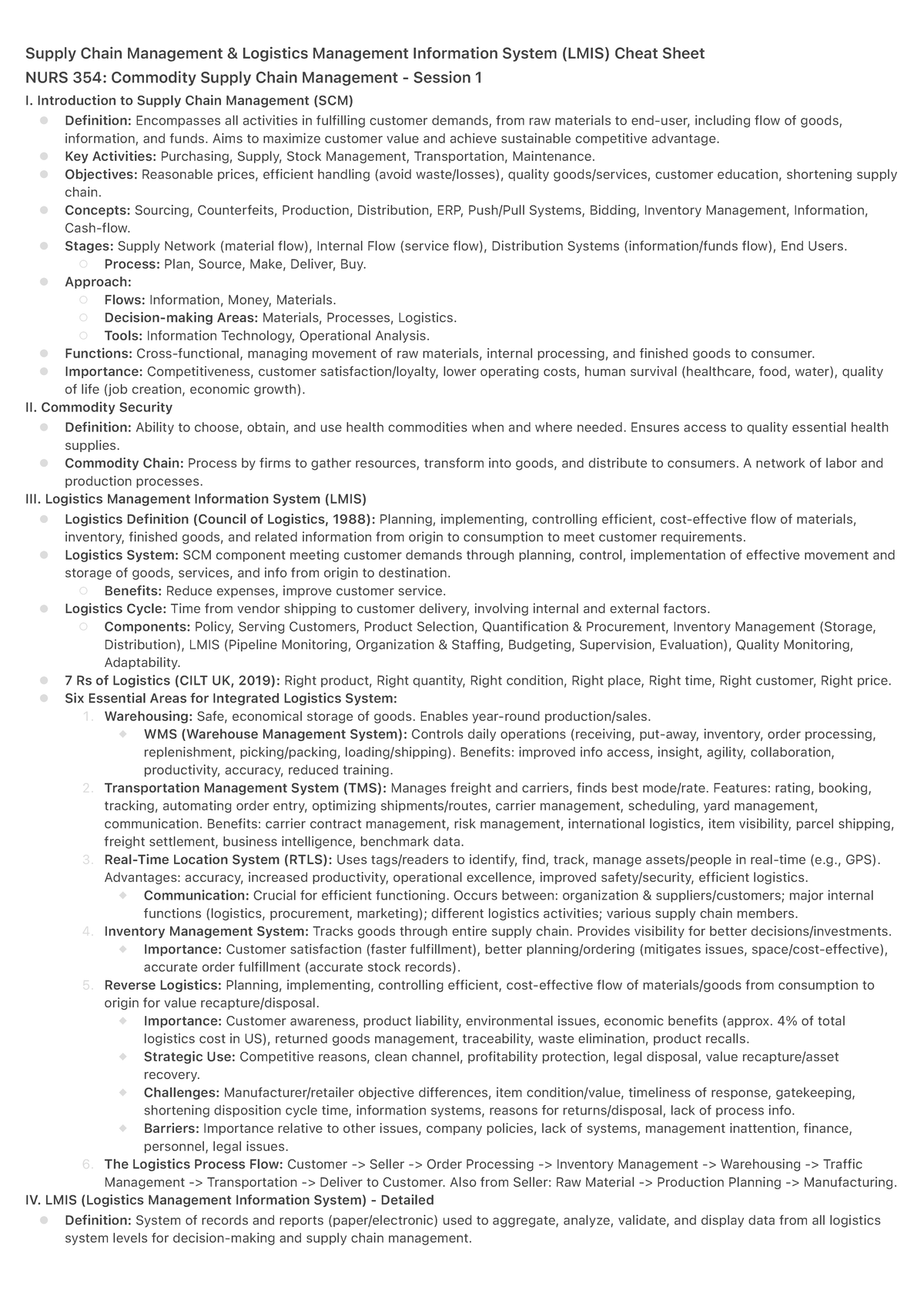 NURS 354: SCM & LMIS Cheat Sheet for Session 1 - Studocu