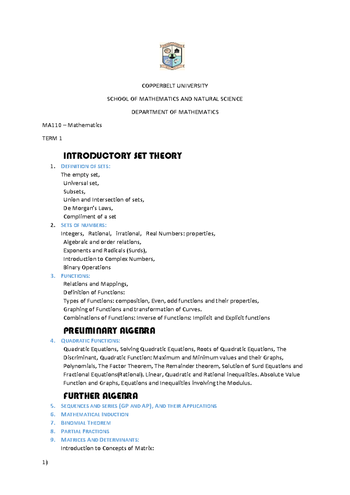 MA110 Mathematics Course Outline - Term 1 to Term 3 Summary - Studocu