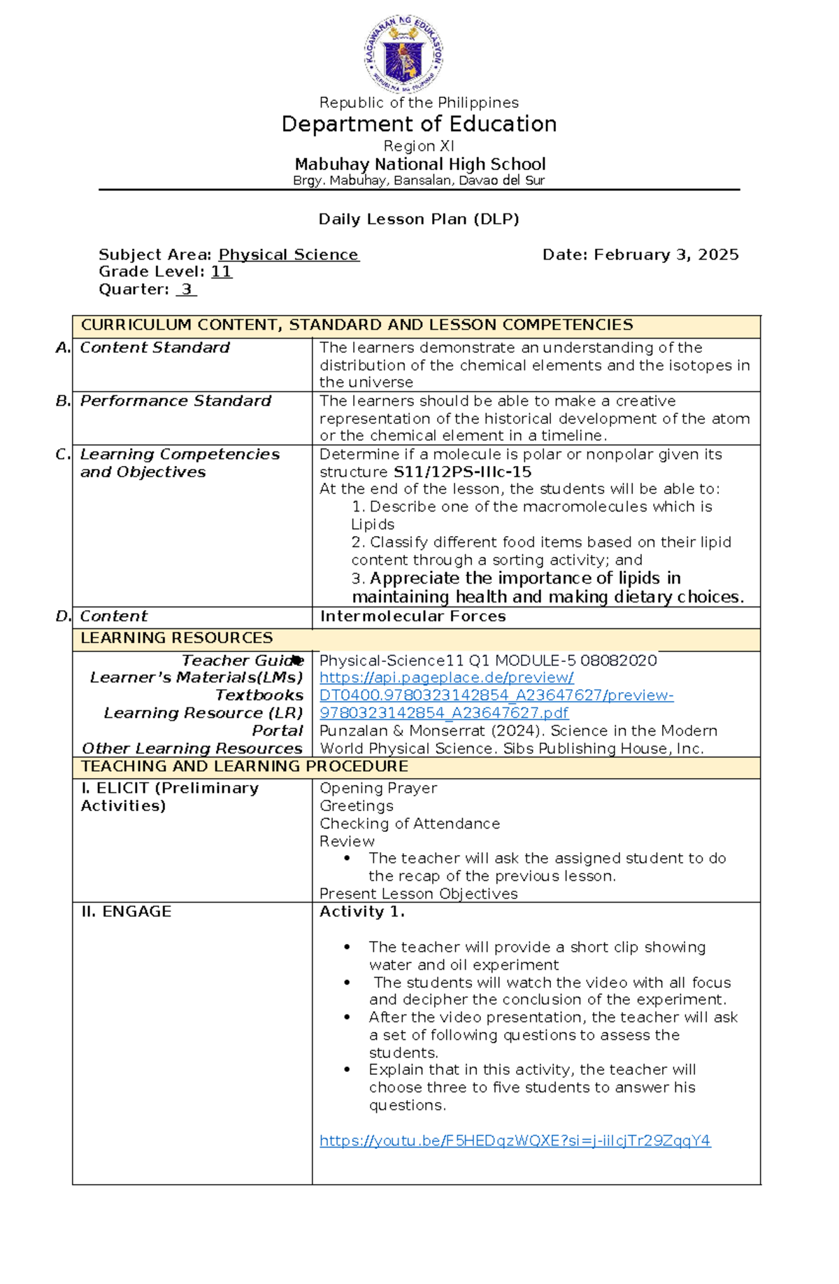 LP9 - Daily Lesson Plan on Intermolecular Forces for Grade 11 Physical ...