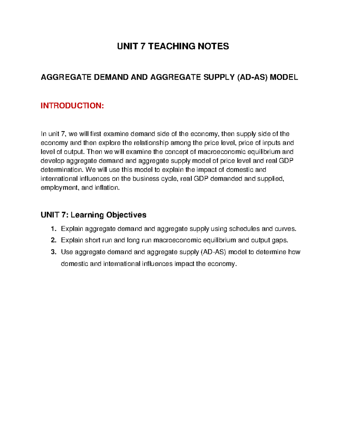 Unit 7: Teaching Notes on Aggregate Demand & Supply Model in Economics ...