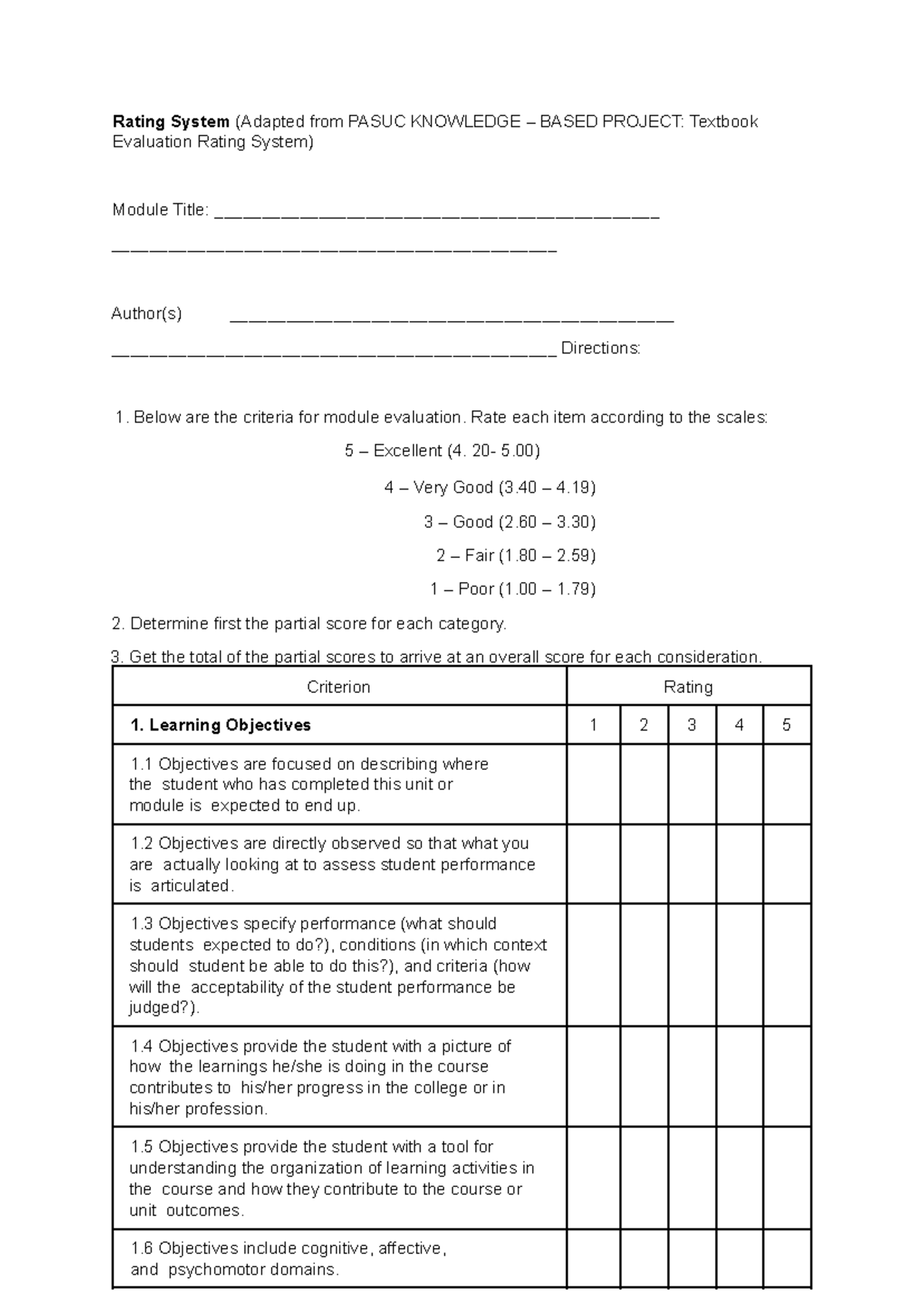 BSE E 26- Rating System - Rating System (Adapted from PASUC KNOWLEDGE ...