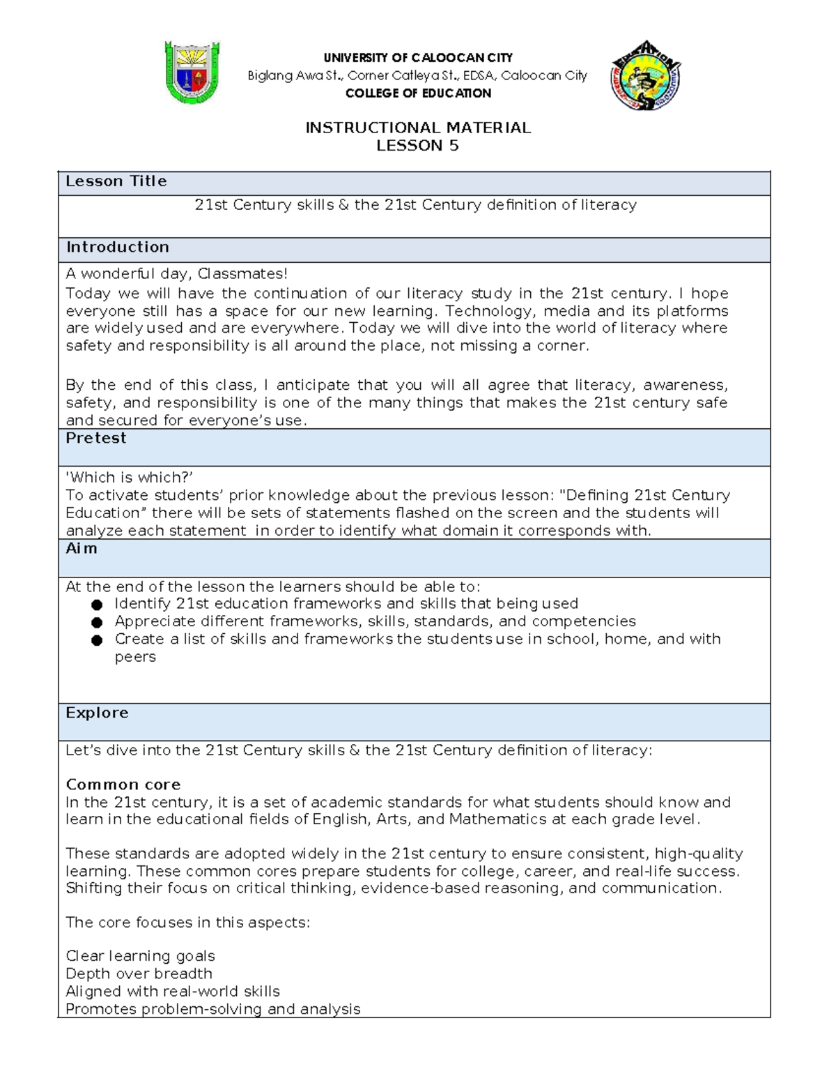 EDUC 101 Lesson 5: 21st Century Skills and Literacy Frameworks - Studocu