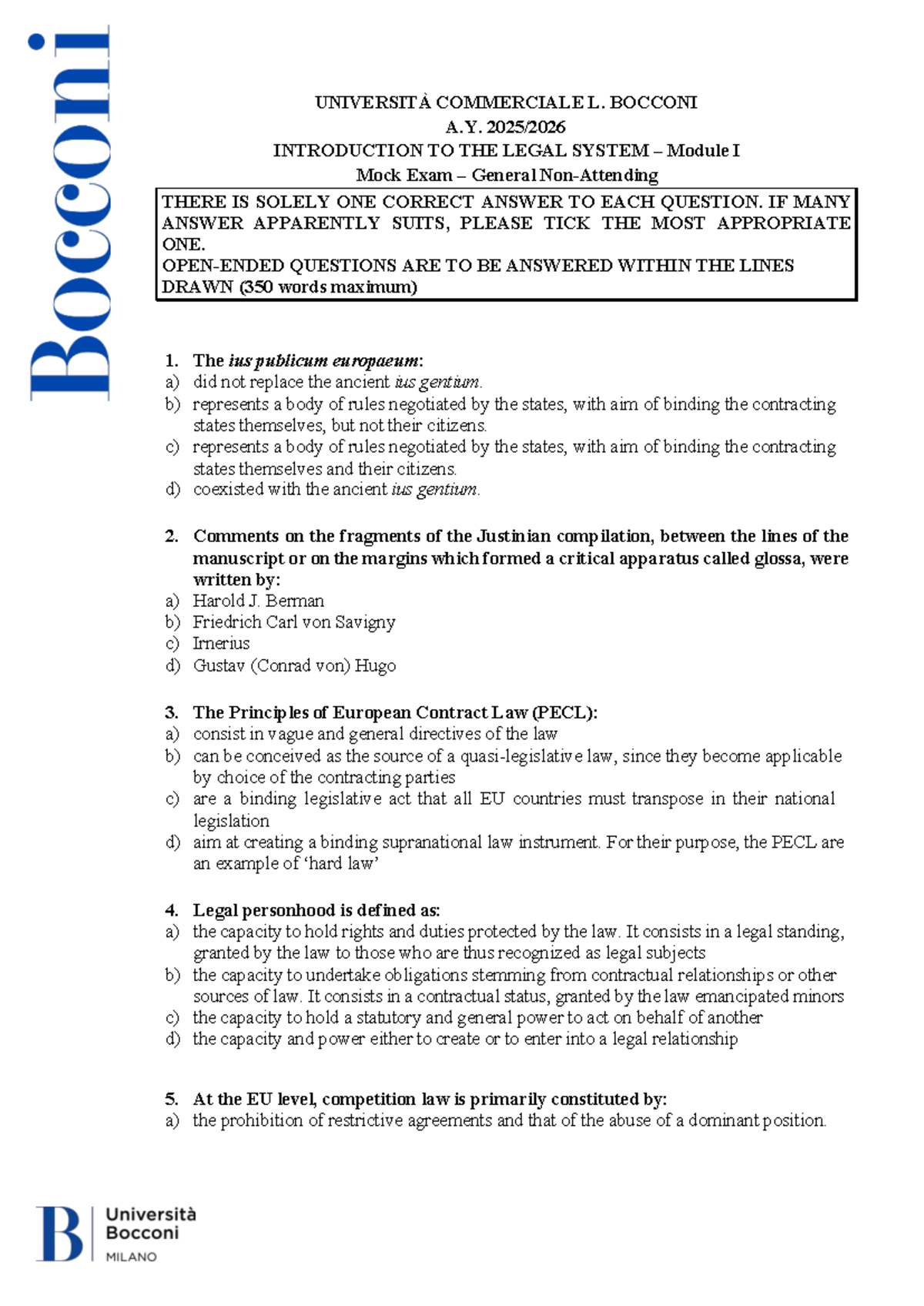 Mock Exam for Introduction to the Legal System - Module I - Studocu