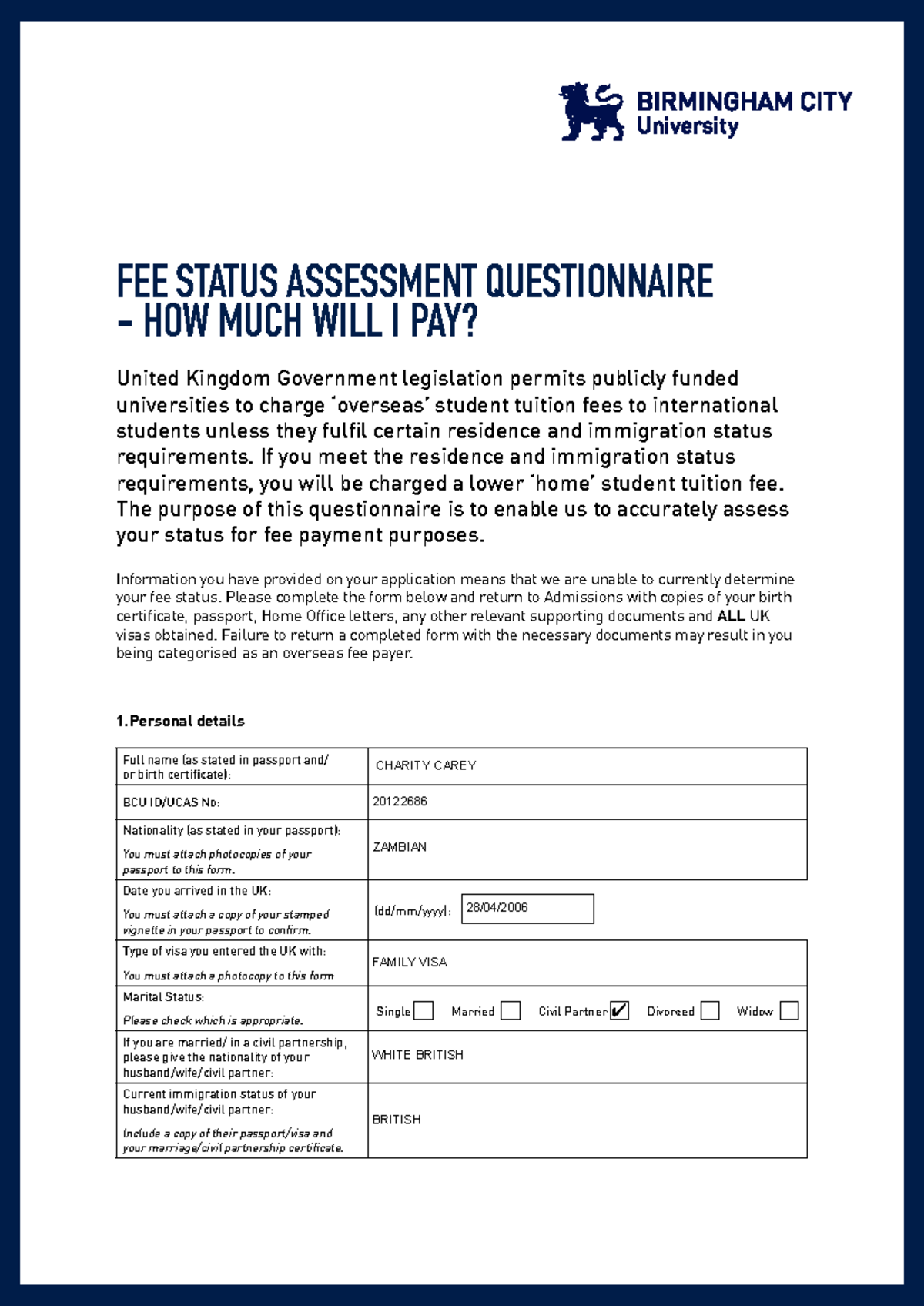 FEE STATUS ASSESSMENT QUESTIONNAIRE: DETERMINING TUITION FEES - Studocu