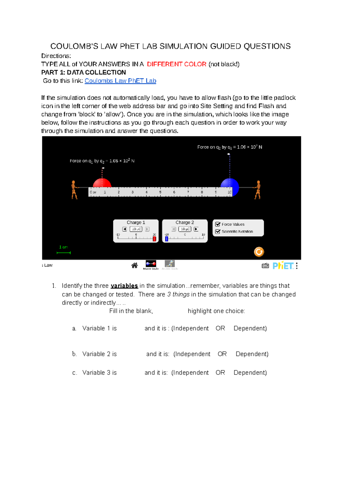 Coulomb's Law PhET Simulation Analysis Activity - Distance Learning ...