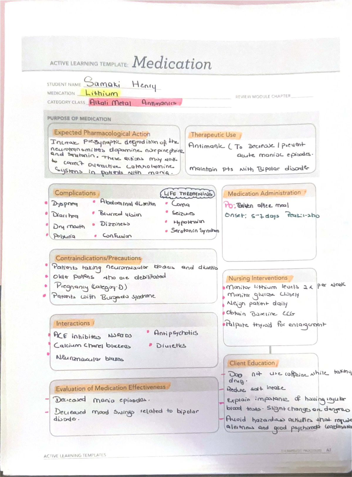 ACTIVE LEARNING TEMPLATE: Lithium Medication Overview for Class 18 ...