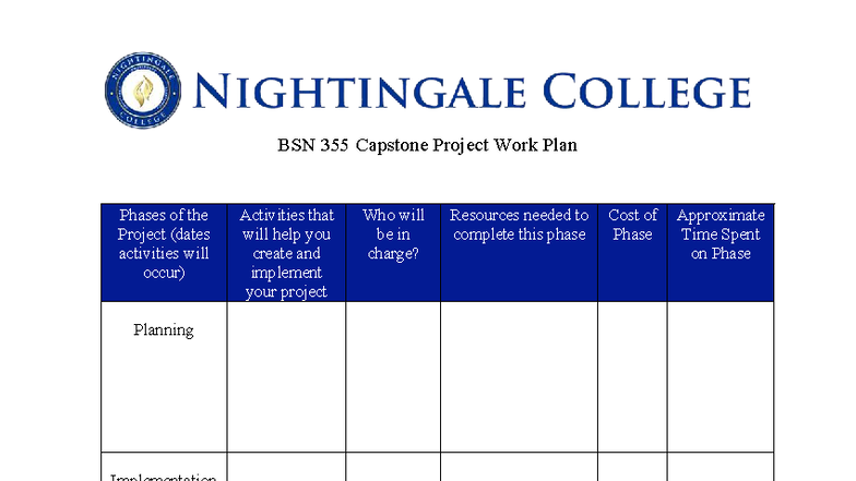 Capstone Project Proposal Work Plan Updated - BSN 485 - BSN 355 ...