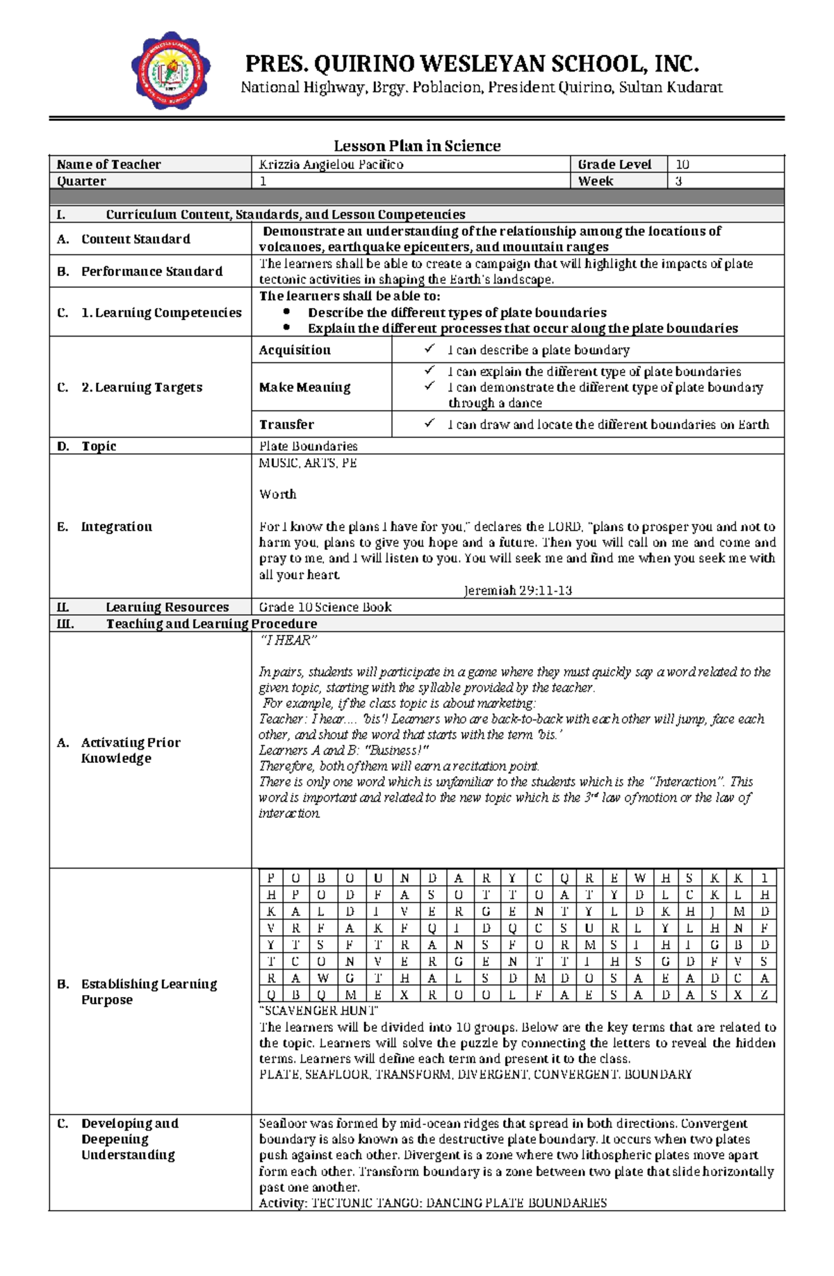 Science Grade 10 WEEK 3 - LESSON PLAN - PRES. QUIRINO WESLEYAN SCHOOL ...