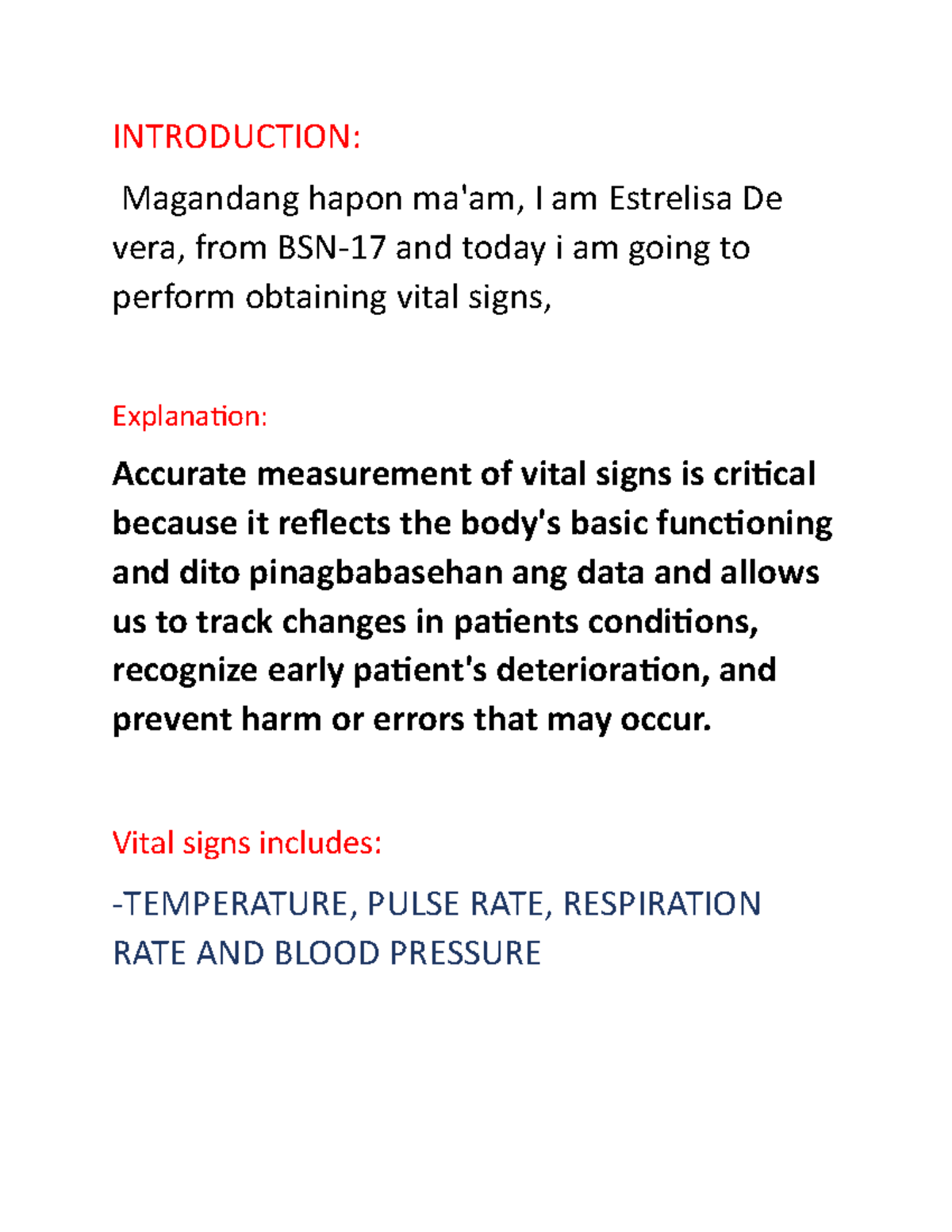 Taking Vital Signs Script