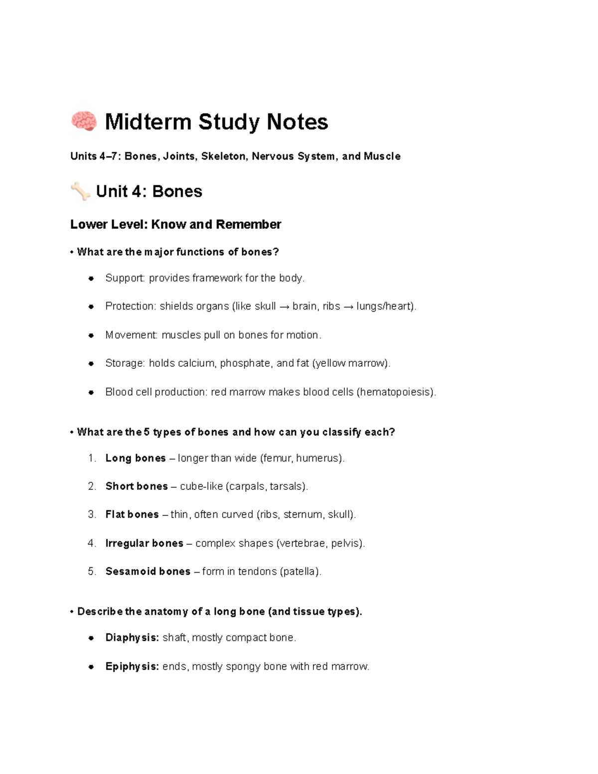 Midterm Study Guide: Anatomy of Bones, Joints, and Muscles (Units 4-7 ...