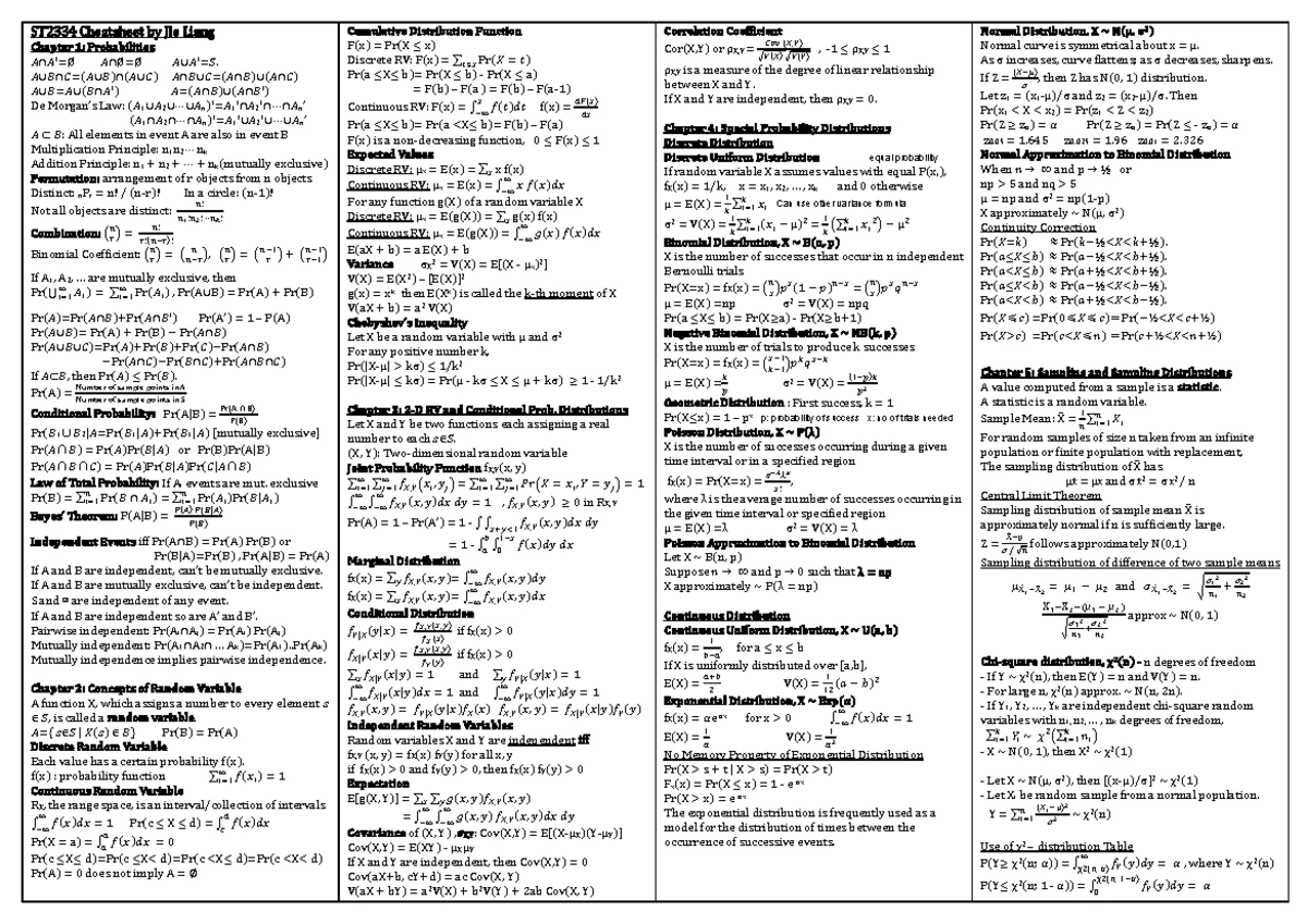 ST2334 Cheatsheet - Summary Probability and Statistics - Warning: TT: undefined function: 3 ...