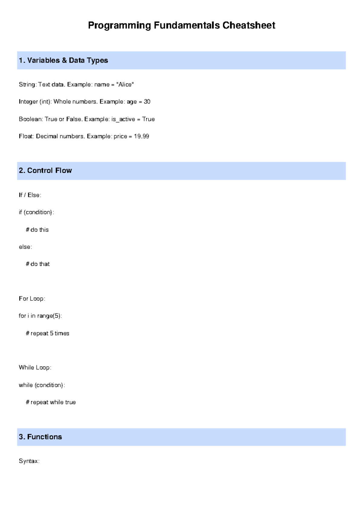 Programming Cheatsheet - CS1010E - Programming Fundamentals Cheatsheet ...