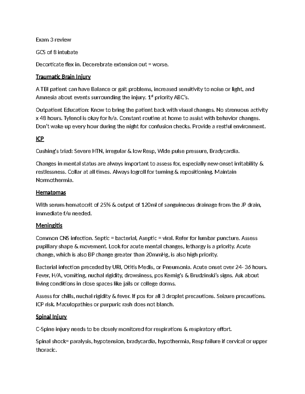 Exam 3 Review: Traumatic Brain Injury & Spinal Injury Notes - Studocu