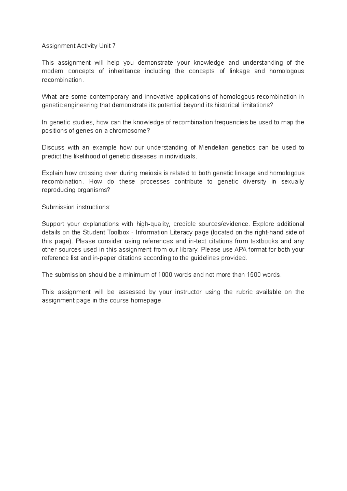 Unit 7 Assignment - Modern Inheritance Concepts in BIOL 1121 - Studocu