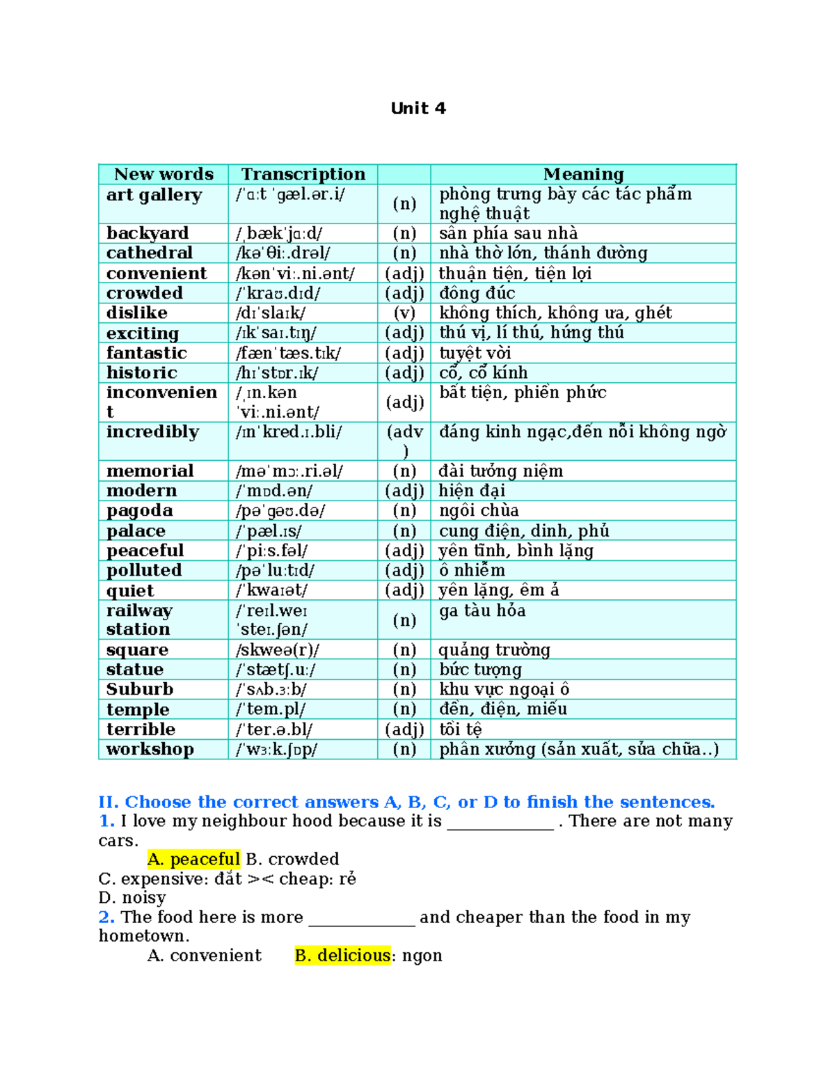 Unit 4 - Vocabulary and Exercises for Grade 6 - Studocu
