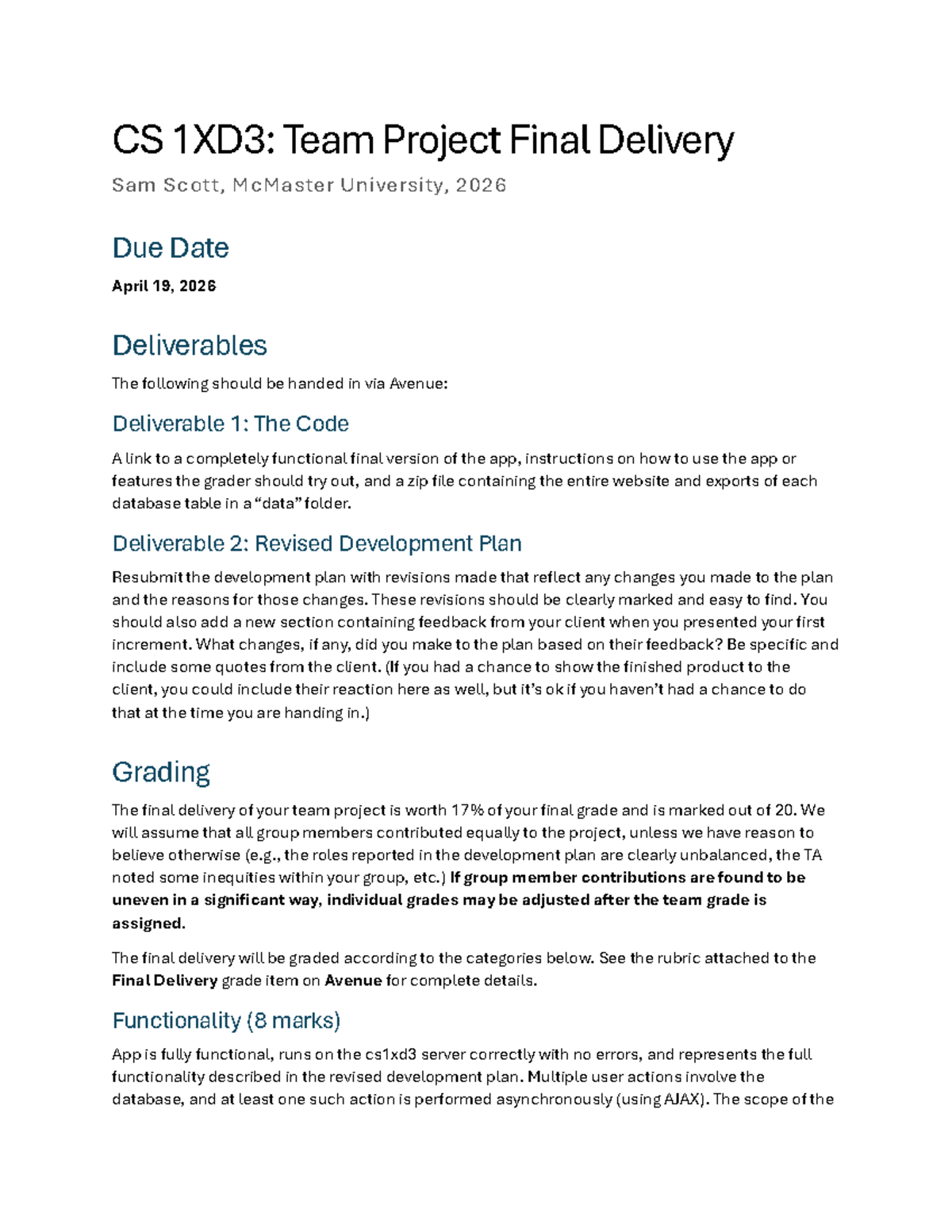 CS 1XD3: Team Project Final Delivery Guidelines and Requirements - Studocu