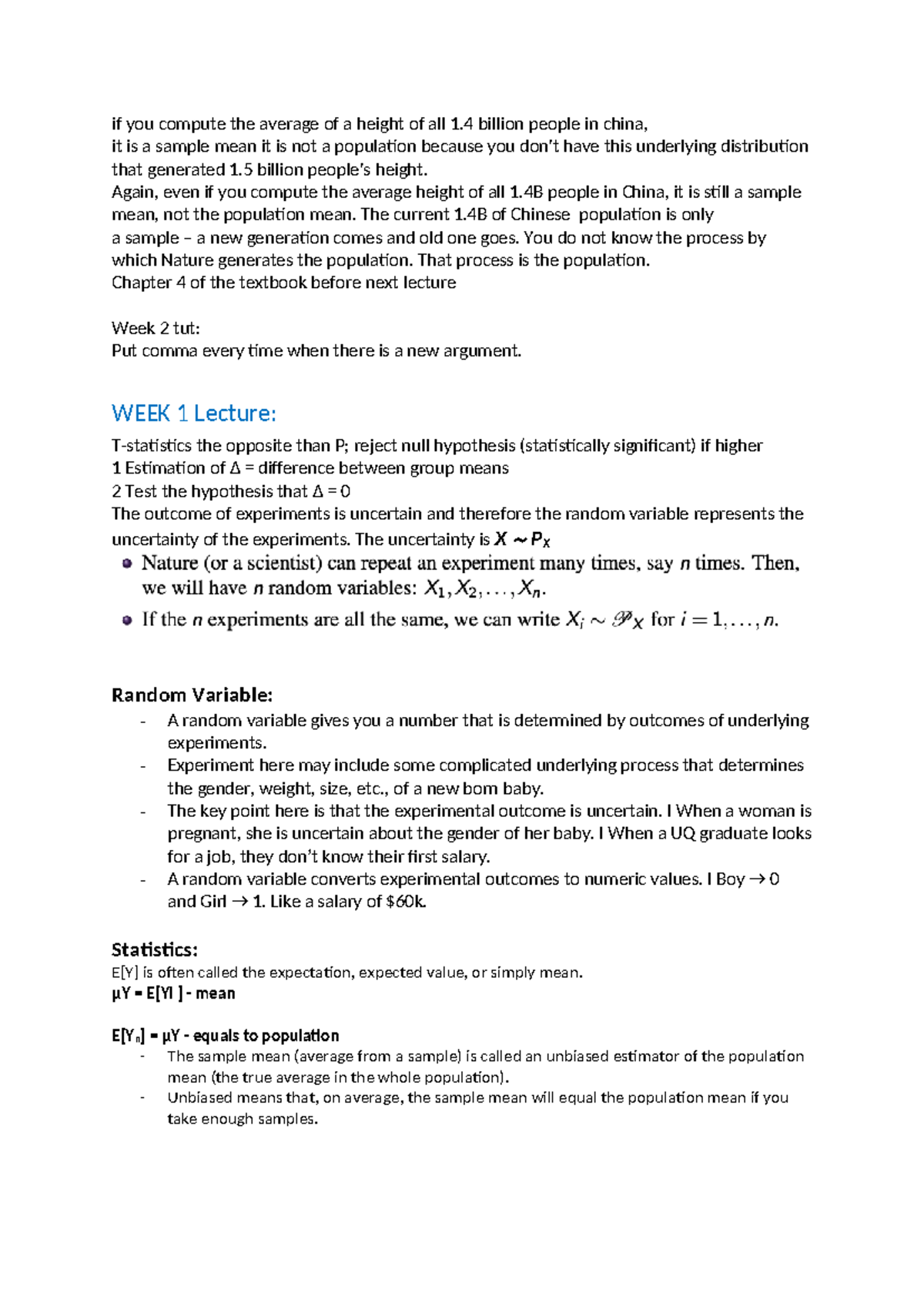 ECON2300 Lecture Notes: Sample Means, OLS, and Hypothesis Testing - Studocu