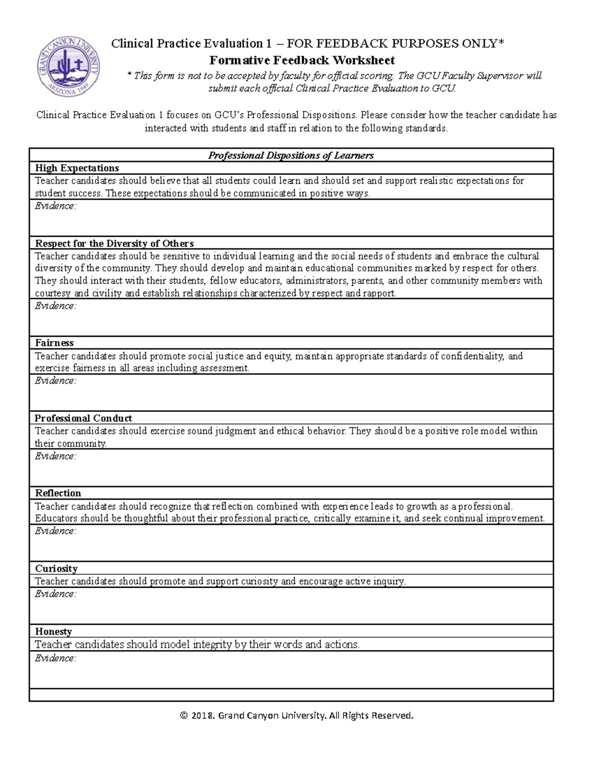GCU Clinical Practice Evaluation 1 - Formative Feedback Worksheet - Studocu