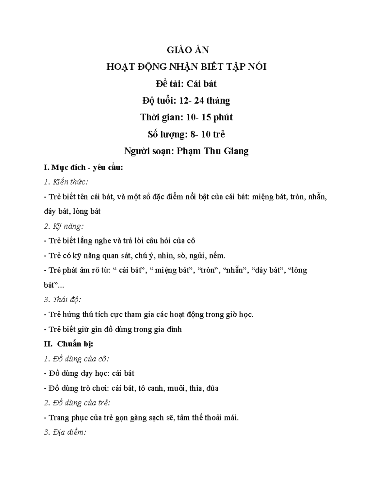 GIÁO ÁN HOẠT ĐỘNG NHẬN BIẾT TẬP NÓI: Cái Bát (Thsp 2) - Studocu