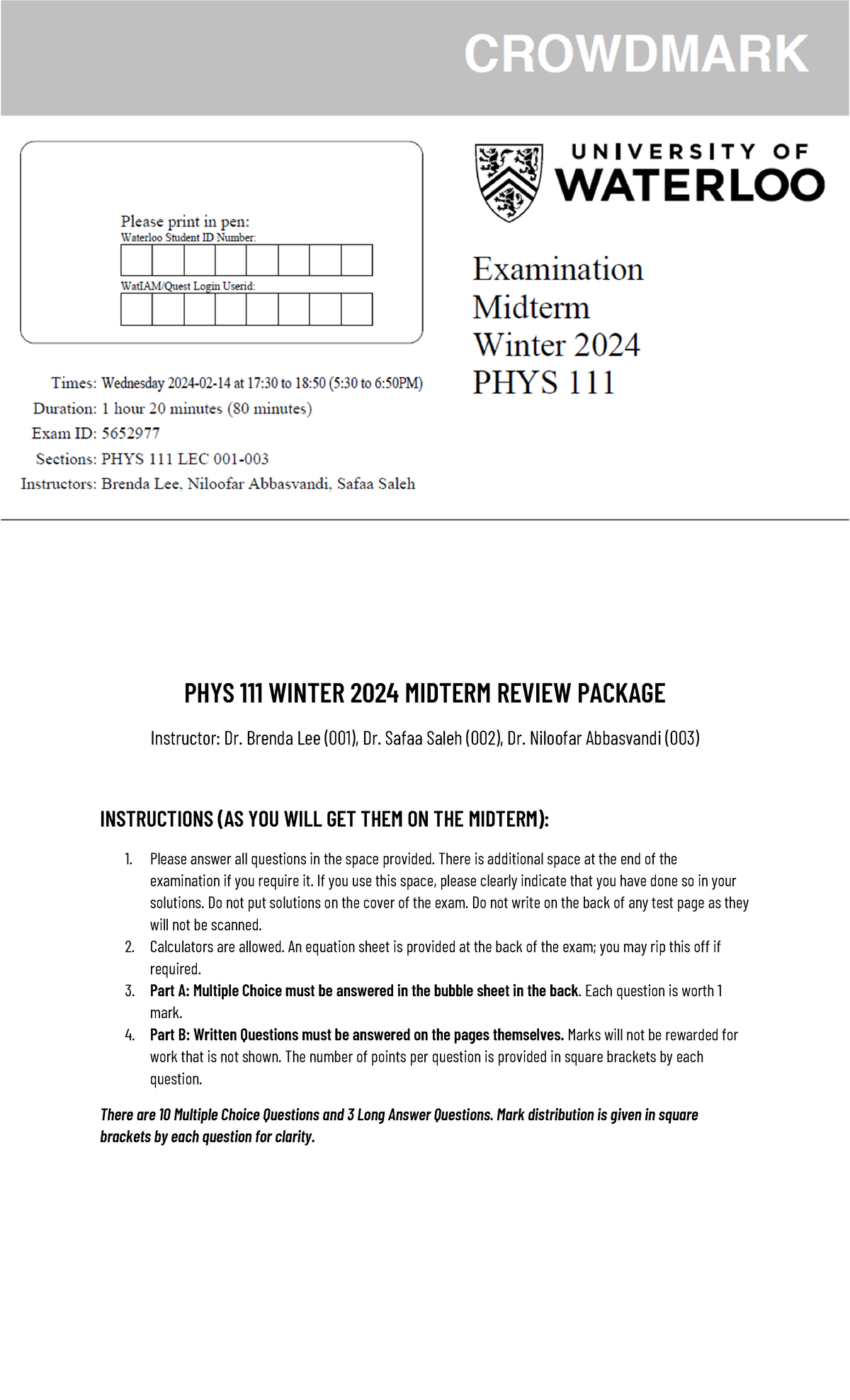 PHYS111 W24 Midterm Review Package & Exam Instructions - Studocu